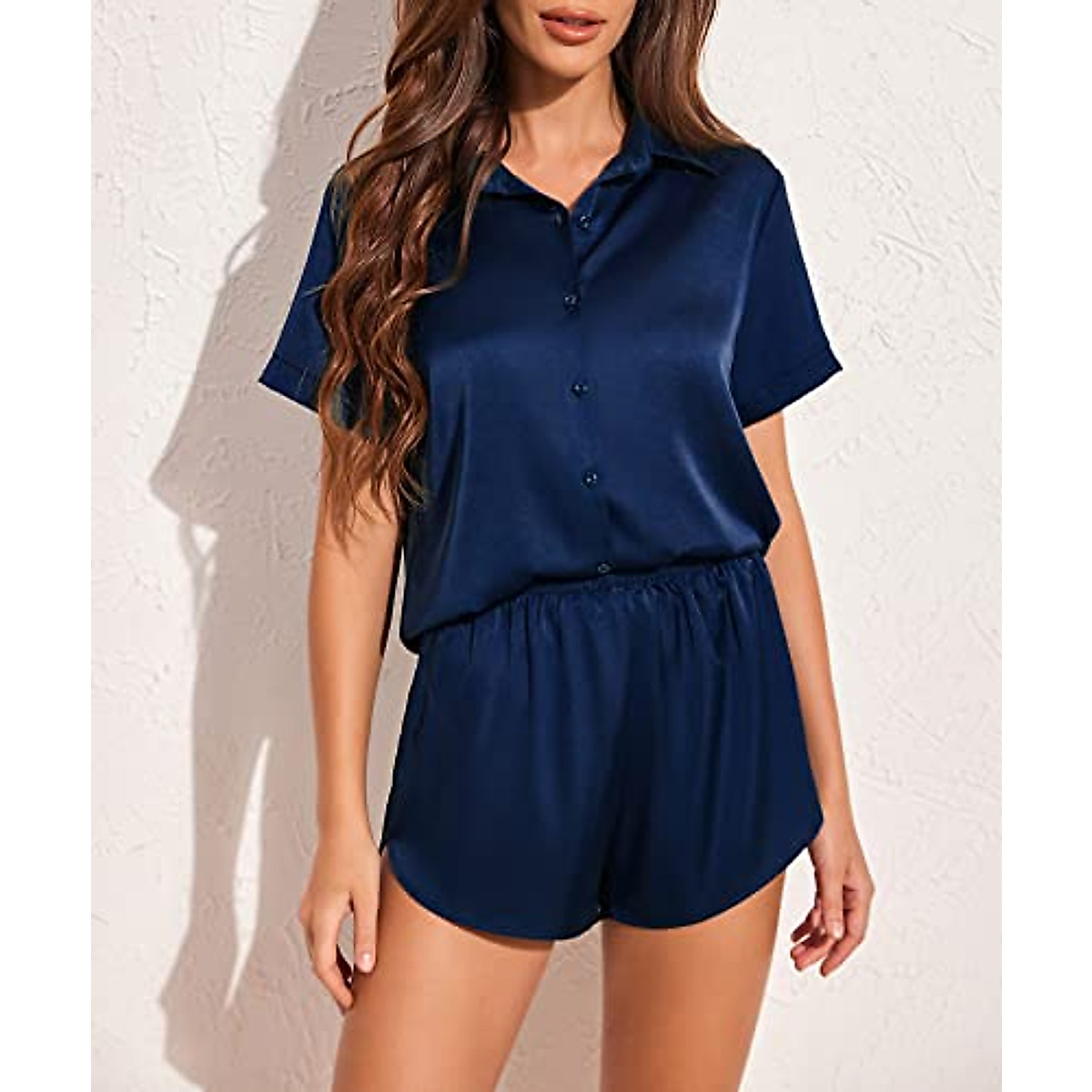 Ekouaer Womens Short Pajama Sets Satin Silk Loungewear 2 Piece Summer Soft Pjs Navy Blue Medium