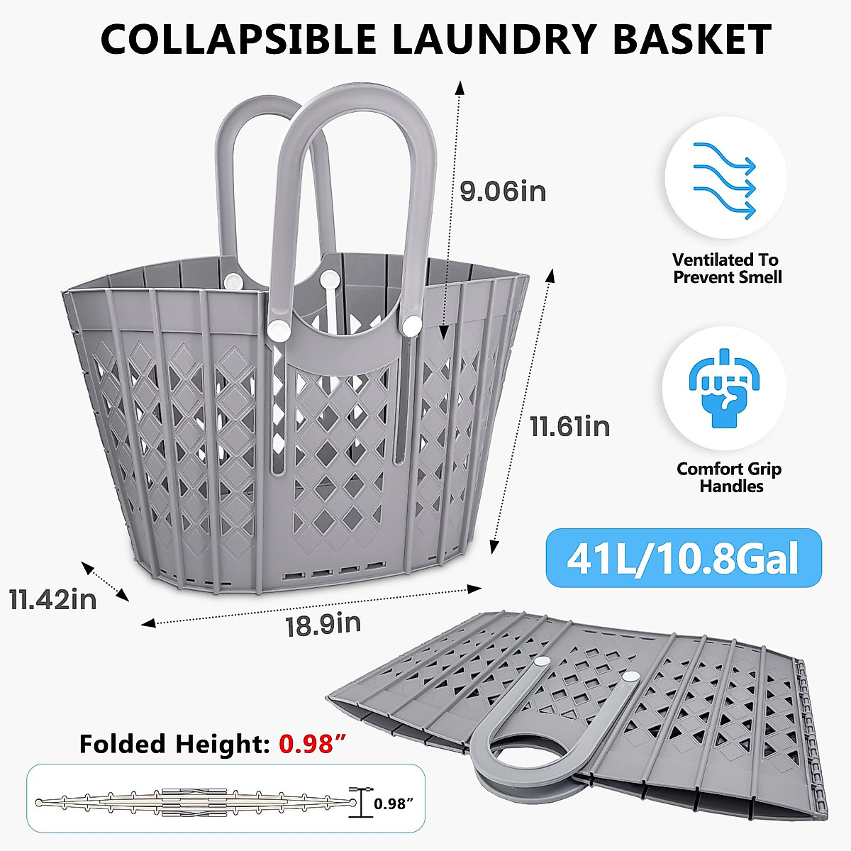 PATWING 2-Pack Collapsible Laundry Baskets, 41L Space Saving Foldable Laundry Basket, Large Plastic Laundry Basket, Collapsible Hamper with Handles for Home, Kids Room, Dorm (Triangle -Grey 2 pack)