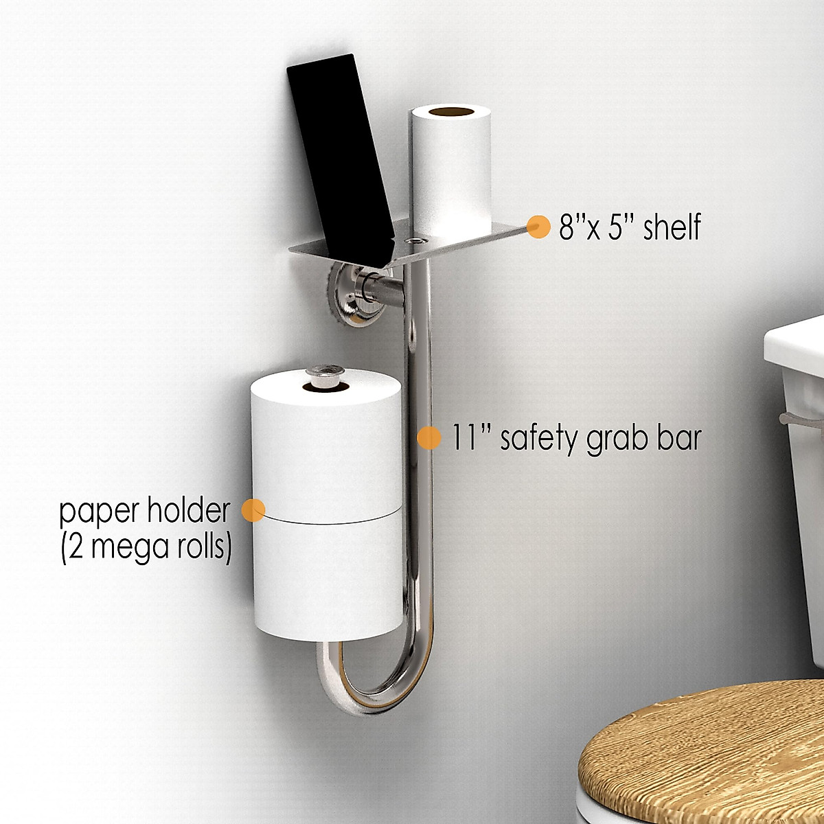 AquaChase 3-in-1 Toilet Safety Grab Bar with Built-in Tissue Paper Holder and Phone Shelf, for 2 Mega Rolls, 250lbs Weight Support When Mounted in Stud, Brushed Nickel Right-Hand