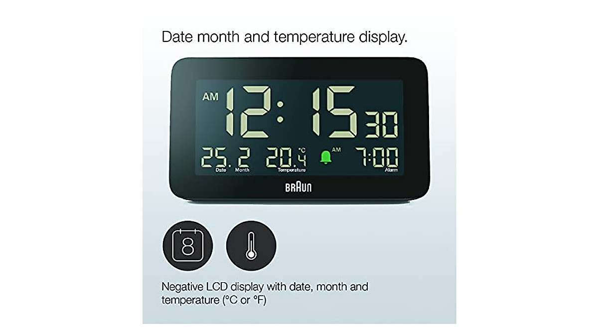 Braun Digital Alarm Clock BC10B - Sleek with Date, Temp & Backlight