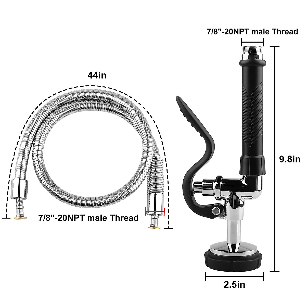 Spray Valve with 44" Flexible Stainless Steel Hose & Pre-Rinse Overhead Spring, Upgrade Universal Commercial Faucet Flexible Hose with Spray Head Replacement Kit
