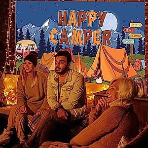 LLMSIX Camping Background, 5×3FT Happy Camper Banner Cartoon Forest Animal Campfire Background Camping Photo Backdrop Camping Themed Party Decoration Children Birthday Party Photo Props