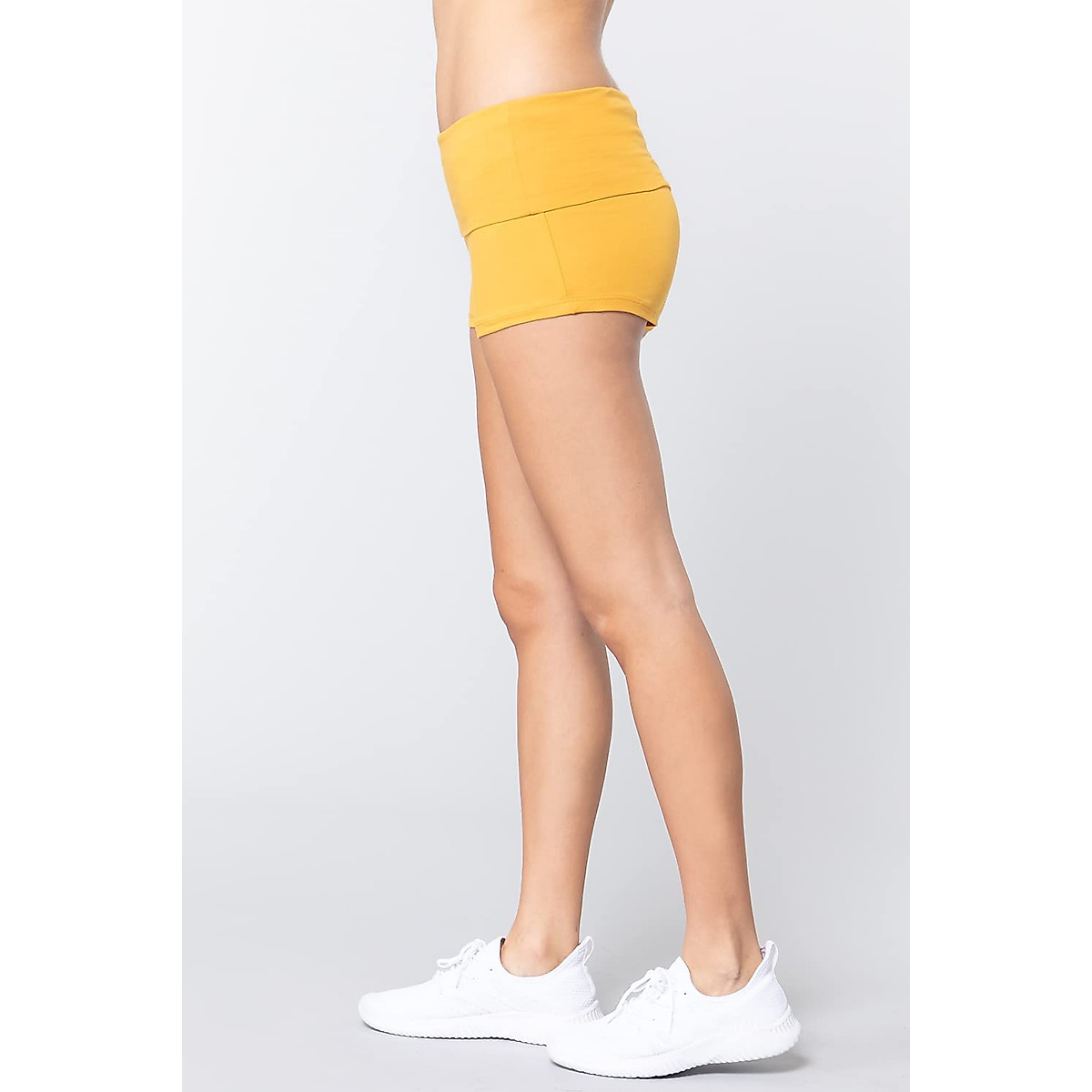 Khanomak Women's Fold Over Stretchy Sports Running Yoga Gym High Waist Cotton Shorts Ochre Mustard Small