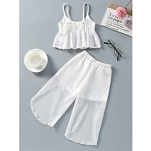 WDIRARA Toddler Girl's 2 Piece Outfit Bow Front Ruffle Hem Cami Top Top and Split Pants Set White 90