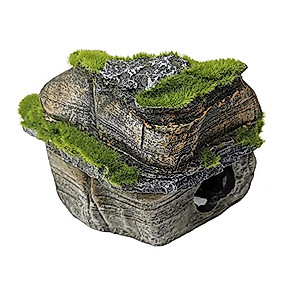 PINVNBY Aquarium Rock Cave, Hollow Fish Tank Ornament, Betta Hiding Hut Resin Mountain Landscape with Moss for Shrimps Guppies Cichlids Playing Resting