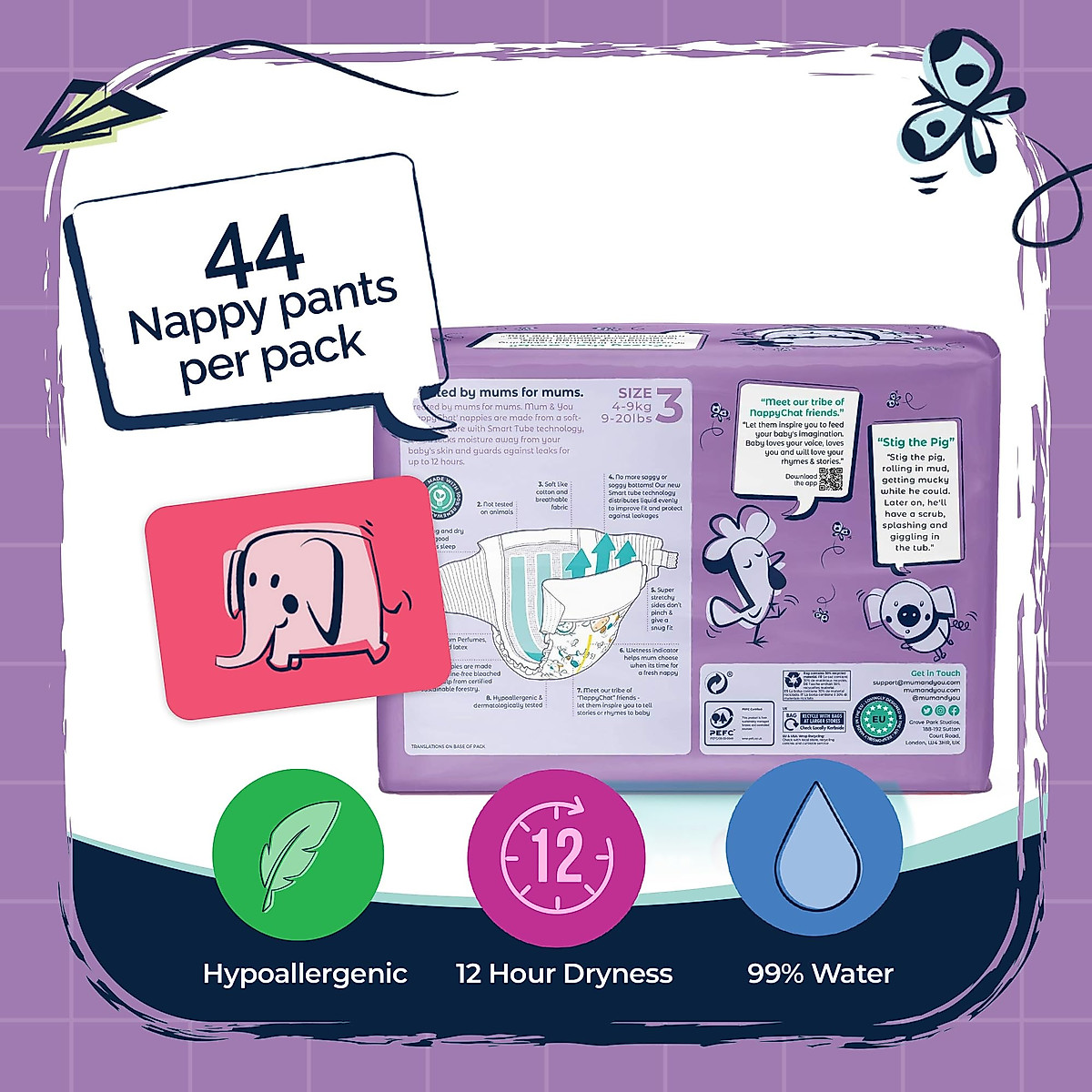 Mum & You Nappychat Premium Performance Eco Diapers, Size 3 (42 Diapers) Smart Tube Technology. Leak Protection. 100% Recyclable. Hypoallergenic, Dermatologically-Tested. No Lotion, Perfume or Dyes.