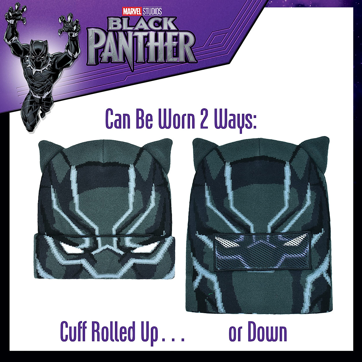 Marvel Black Panther Roll Down Cuff Beanie Hat, Black, One Size