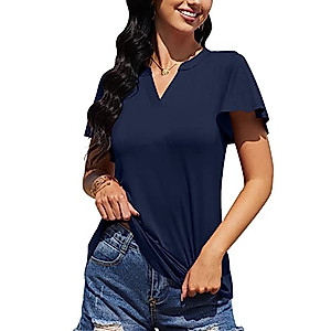 Leafsay Womens Summer Tops V Neck Ruffle Short Sleeve Tshirts Casual Tunic Tops Business Blouses for Women Navy Blue