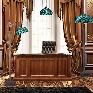ZJART Tiffany Floor Lamp Stained Glass Lamp 18X12X67 Inch Angle Adjustable Arched Gooseneck Antique Reading Light (Sea Blue Pearl)