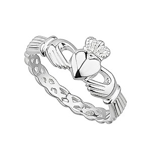 Biddy Murphy, Irish Claddagh Ring for Women 925 Sterling Silver with Braided Band, Traditional Friendship Ring, Love, Marriage, Engagement, Celtic Jewelry from Ireland, Size 8
