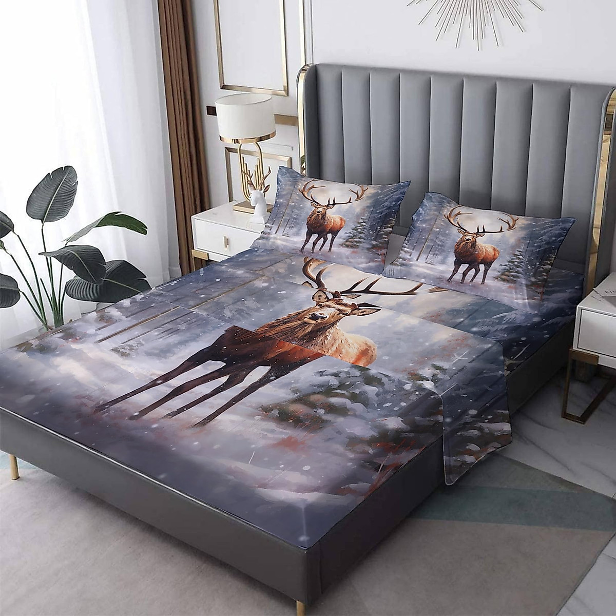 Deer Sheets Full Size Sheet Sets - Winter Forest Animal Bed Sheets, Soft Microfiber & Deep Pocket & Wrinkle Free Patterned Bedding Sheets & Pillowcases, 1 Fitted Sheet, 1 Flat Sheet, 2 Pillow Cases