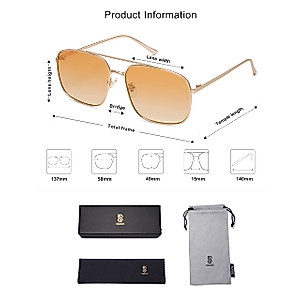 SOJOS Retro Square Aviator Sunglasses Womens Mens Double Bridge Metal Sun Glasses SJ1176, Gold/Gradient Orange