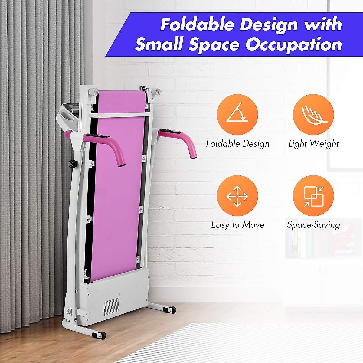 GYMAX Foldable Treadmill, Portable Treadmill with with 12 Preset Programs, LCD Monitor, Built-in Wheels & Pulse Sensor, Freestanding Easy Assembly Running Machine for Small Space Home Gym (Pink)