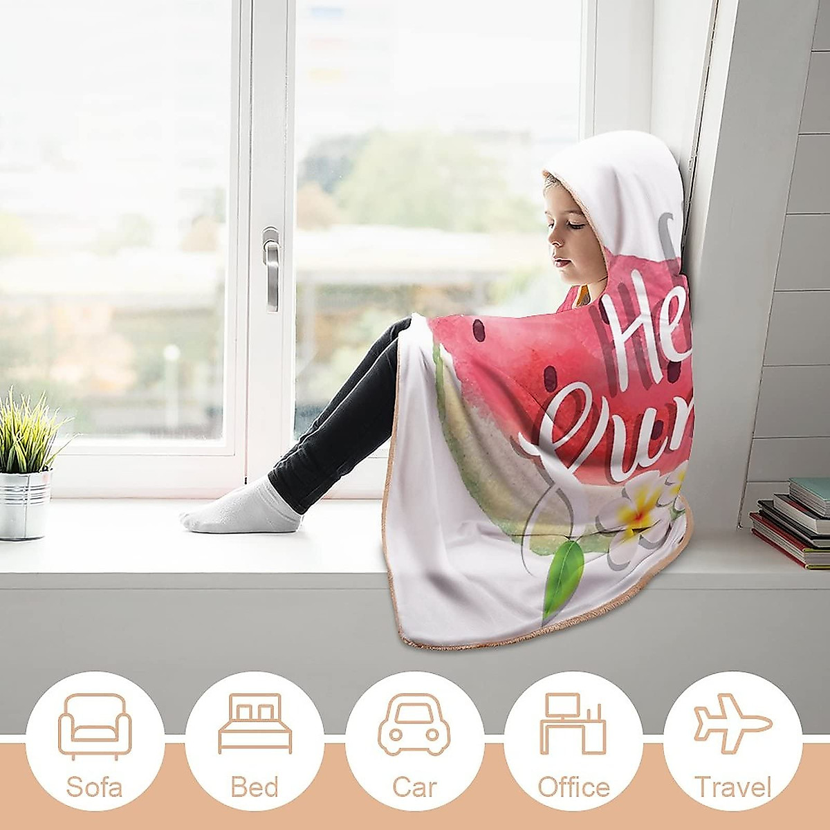 Hooded Blanket Poncho, Watercolor Decor Women Men Hooded Blanket, Hello Summer Motivational Quote with Fresh Watermelon, Soft Warm Cozy, 50 x 60inches, Studying Reading Snuggling Napping Office
