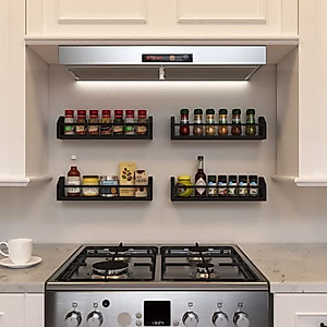 WOPITUES Floating Shelves with Protective Metal Rail, Small Bathroom Shelves Set of 4, Spice Rack Wall Mount, Wood Shelves for Kitchen, Living Room, Bedroom, Nursery Book- Modern Black