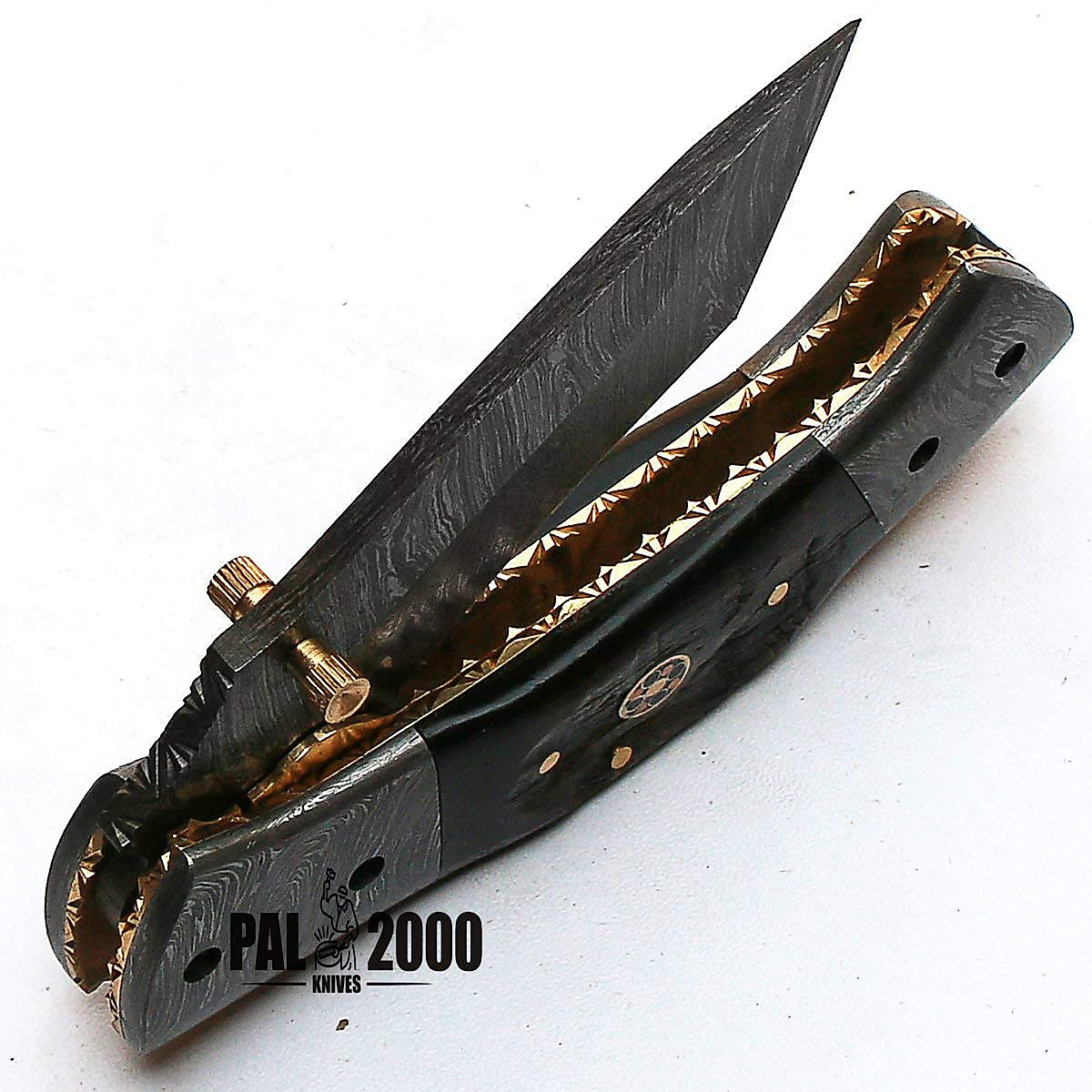 PAL 2000 KNIVES REG-8851 Custom Handmade Damascus Steel Folding Ram Handle Knife With Sheath