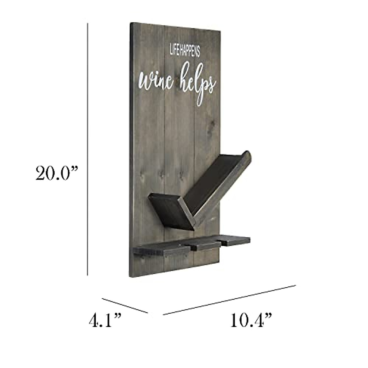 Elegant Designs HG1016-RGY Lucca Quote Saying “Life Happens Wine Helps” Wooden Bottle Shelf with Glass Holder Wall Mounted Wine Rack, Rustic Gray