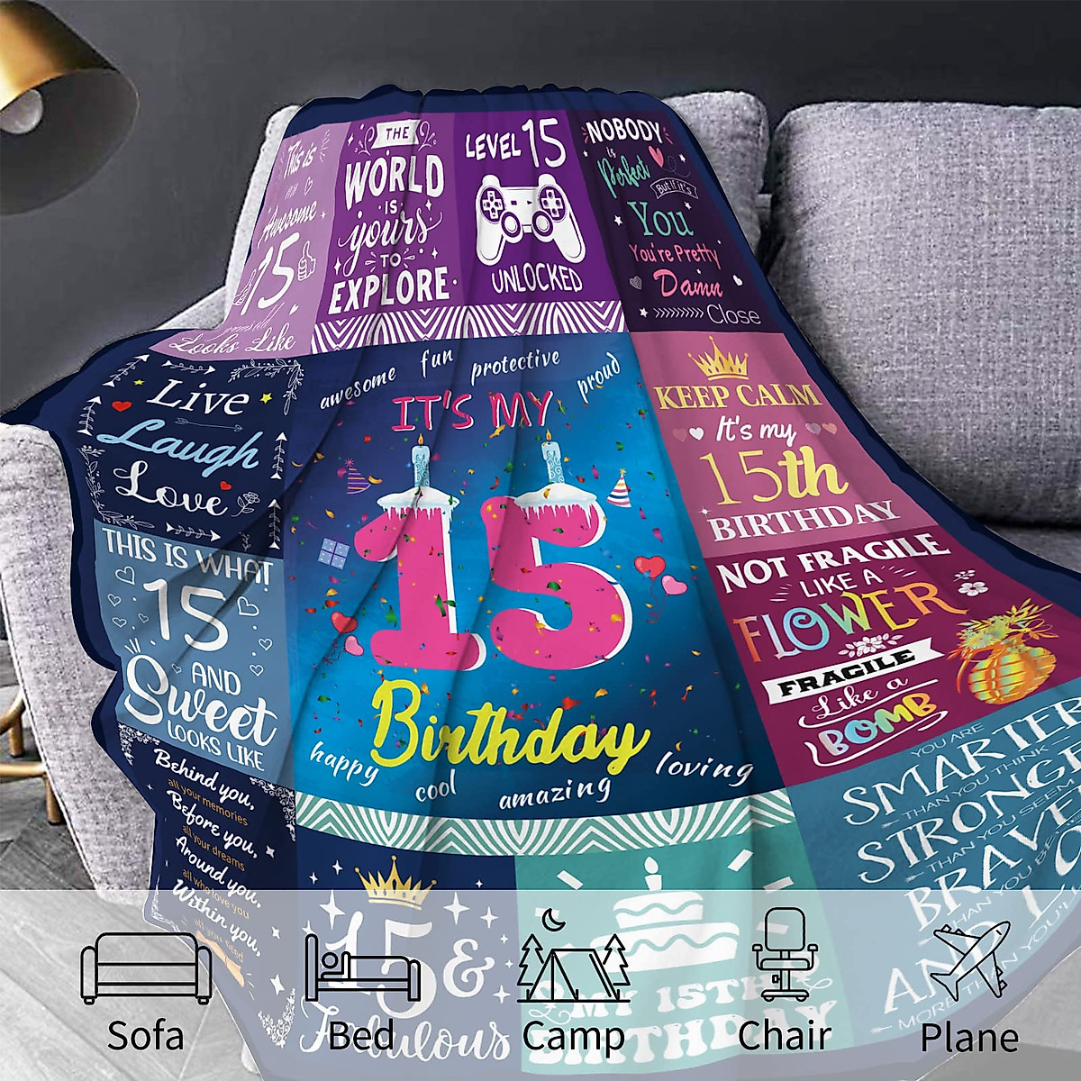 Paready 15th Birthday Presents for Girls Throw Blanket 50"x60" 15 Year Old Girl Birthday Present Soft Blanket for Couch Bed 15th Birthday Decorations for Girls Best Teenage Girl Presents
