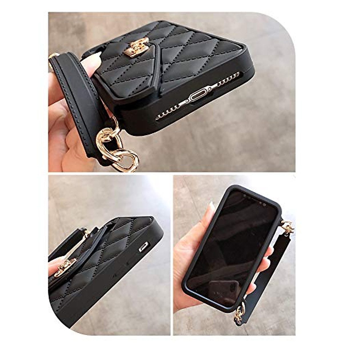 UnnFiko Wallet Case Compatible with iPhone 11, Cute Light Luxury Bag Design, Purse Flip Card Pouch Cover Soft Silicone Case with Handstrap Long Shoulder Strap (Black, iPhone 11)