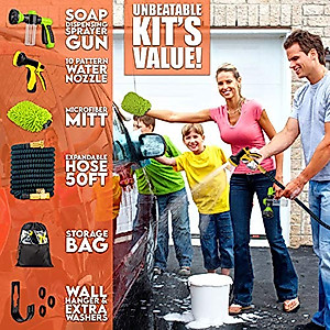 Topidex Car Wash Kit, Expandable Garden Hose 50 FT - with High Pressure Spray Nozzle – Durable Soap Dispensing Sprayer Gun - 9 Spray + 3 Foam Spraying Patterns with Storage Bag, Hanger & Wash Mitt