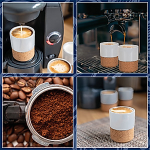 White Double Espresso Cups Set of 4 - Removable Cork Insulating Base Ceramic Coffee Cup Mug 4oz with Removable Cork Sleeve - Stackable - Handleless