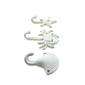 MY MIRONEY 3 Pieces Starfish Seashell Crab Coats Hooks White Beach Ocean Theme Towels Key Hooks Cast Iron Decorative Wall Hooks with Screws
