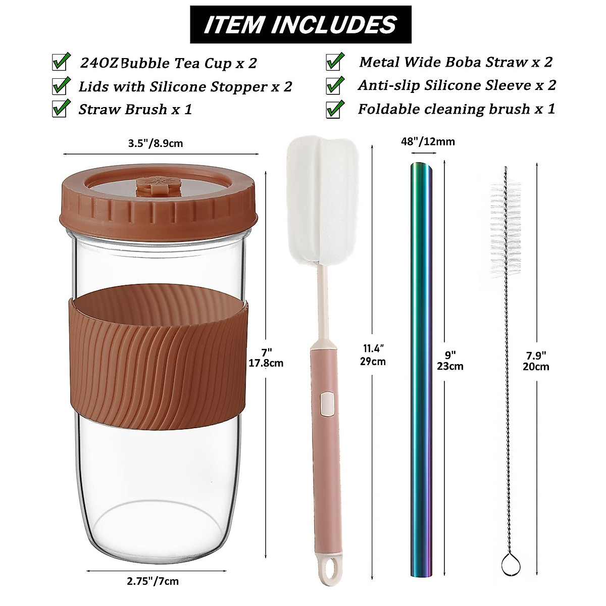 Amyoole 2 Pack Reusable Boba Cup,24Oz Wide Mouth Smoothie Cup,mason Jar Glass Cups with Lids and Straws,Bubble/Boba Tea Cups,Ice Coffee Tumbler 2 colored straws 1 sponge brush(Brown)
