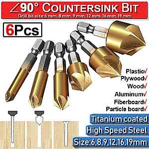PAGOW Countersink Drill Bit Set- 7 Pcs Counter Sinker Drill Bits for Wood, Quick Change, 1/4'' Hex Shank, High Speed Steel, 6 Flute 90 Degree Center Punch Tool, 1/4''-3/4''