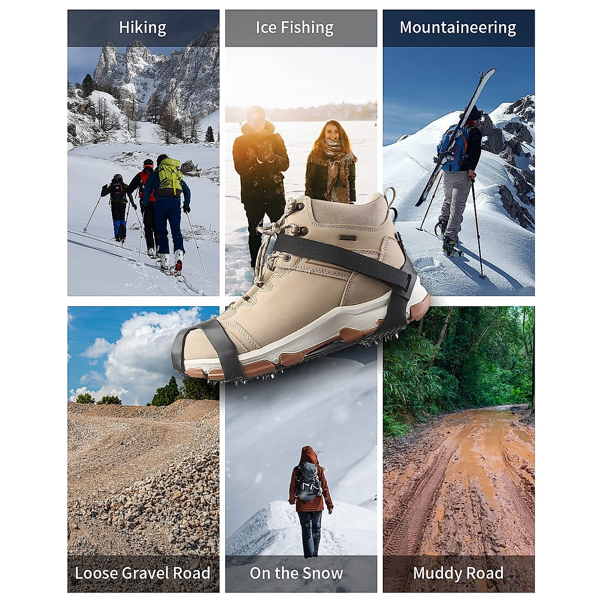 11 Spikes Crampons, Upgraded Version Stainless Steel Anti-Slip, Ice Cleats Traction Grips for Hiking Shoes and Boots, Safe Protect for Hiking Fishing Mountaineering Walking,Black,Large