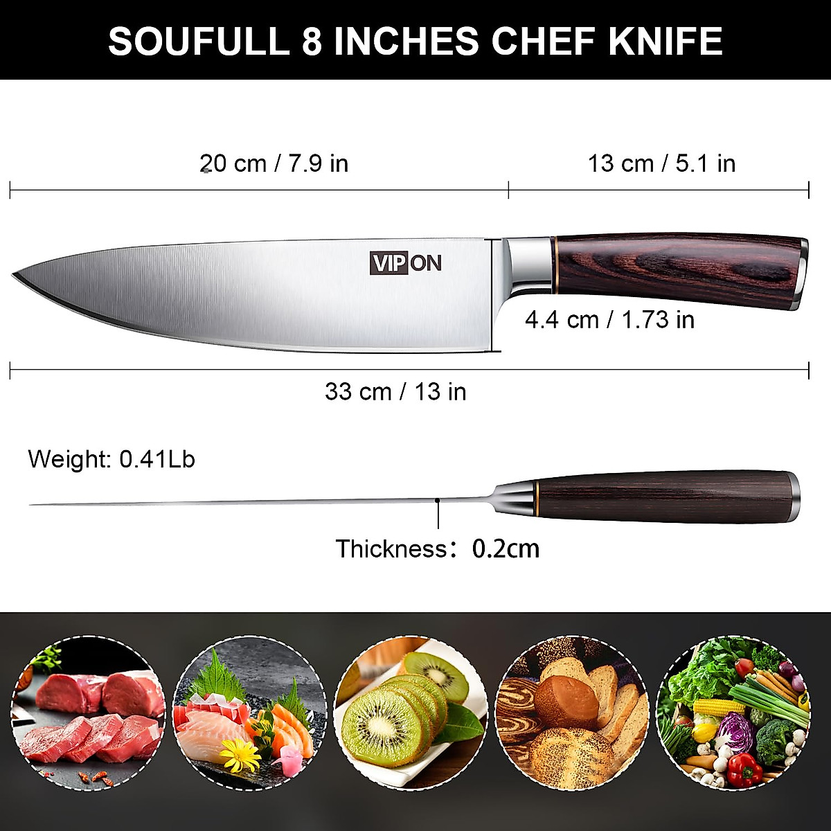 Chef Knife, VIPON 8 inch High Carbon Stainless Steel Kitchen Knife Ergonomic Handle Durable Blade Sharp Butcher Knife with Guard&Gift Box
