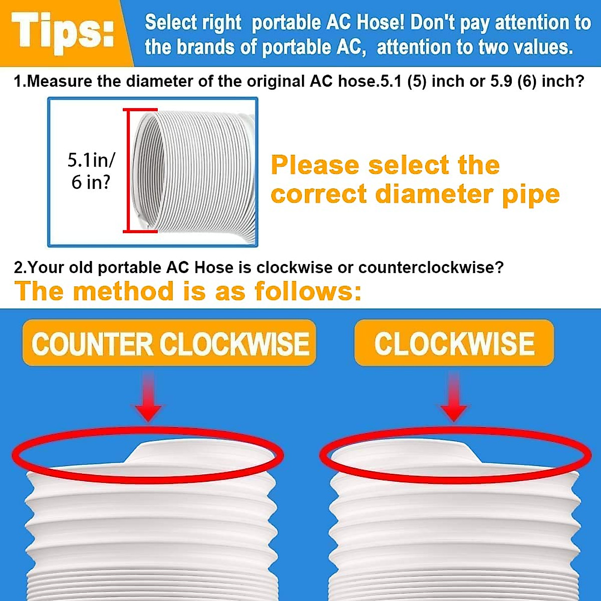 Air Conditioner Hose, Portable Exhaust Vent Hose with 5.9 Inch （6‘’） Diameter, Counterclockwise AC Hose Length to 80 Inch, Universal Replacement AC Vent Hose for LG and Many More Portable AC