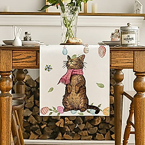 Artoid Mode Cat Branches Leaves Heart Eggs Easter Table Runner, Spring Summer Seasonal Holiday Kitchen Dining Table Decoration for Indoor Outdoor Home Party Decor 13 x 72 Inch