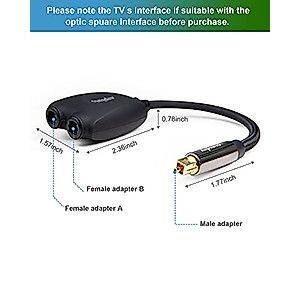 Alpluto Audio Splitter, Fiber Optic Audio Cable 1 in 2 Out Digital Toshlink Optical Audio Splitter Adapter Fiber Converter with 24K Gold Plated Connectors (Black)