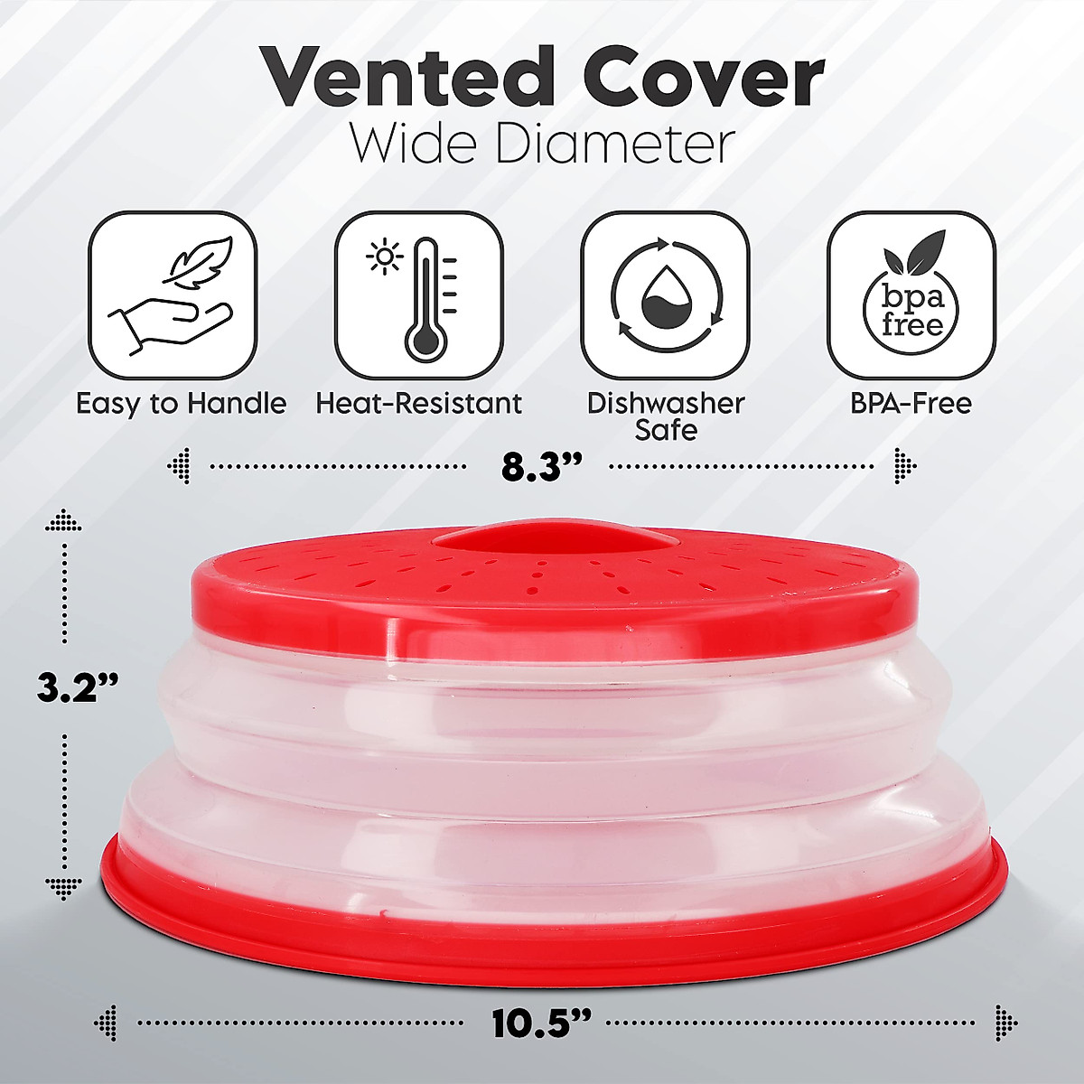 Microwave Cover for Food, Collapsible Microwave Splatter and Plate Covers Easy Grip Lid and Food Strainer, BPA Free and Dishwasher Safe, 10.5", Red - By Rampro