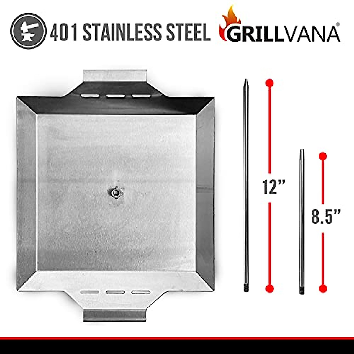 GRILLVANA Stainless Steel Vertical Skewer for Tacos Al Pastor, Shawarma, Kebabs- BBQ Grilling Accessory w/ 2 removable spikes (8.5” and 12”)- Use on Charcoal Grills or Stove- Handles, No Drip Plate