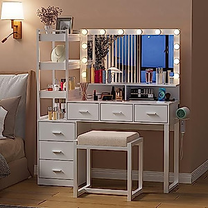 PAKASEPT Makeup Vanity Desk with Mirror and Lights, Vanity Desk with Charging Station, Drawers, Movable Shelves for Makeup, Modern Vanity Table Set with Vanity Stool for Bedroom, White