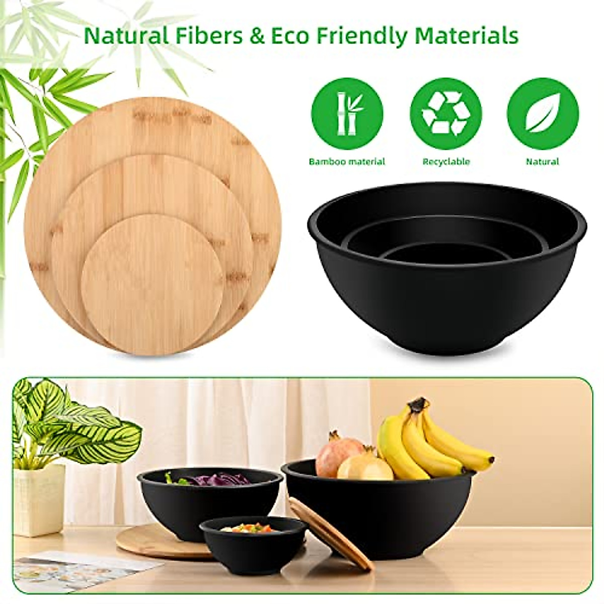 XUEJUN Salad Bowl with Lid - 10 Inch Large Salad Bowl Set of 3, Bamboo Fiber Mixing Bowl Set for Preparing & Serving Salad, Pasta, Fruits, Vegetables, Popcorn and Chips