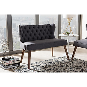 Baxton Studio Scarlett Mid-Century Modern Brown Wood and Dark Grey Fabric Upholstered Button-Tufting with Nail Heads Trim 2-Seater Loveseat Settee