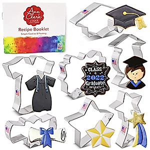 Ann Clark Cookie Cutters 7-Piece Graduation Cookie Cutter Set with Recipe Booklet, Graduation Cap, Gown, Diploma, Graduate, Star, Plaque, and Shooting Star