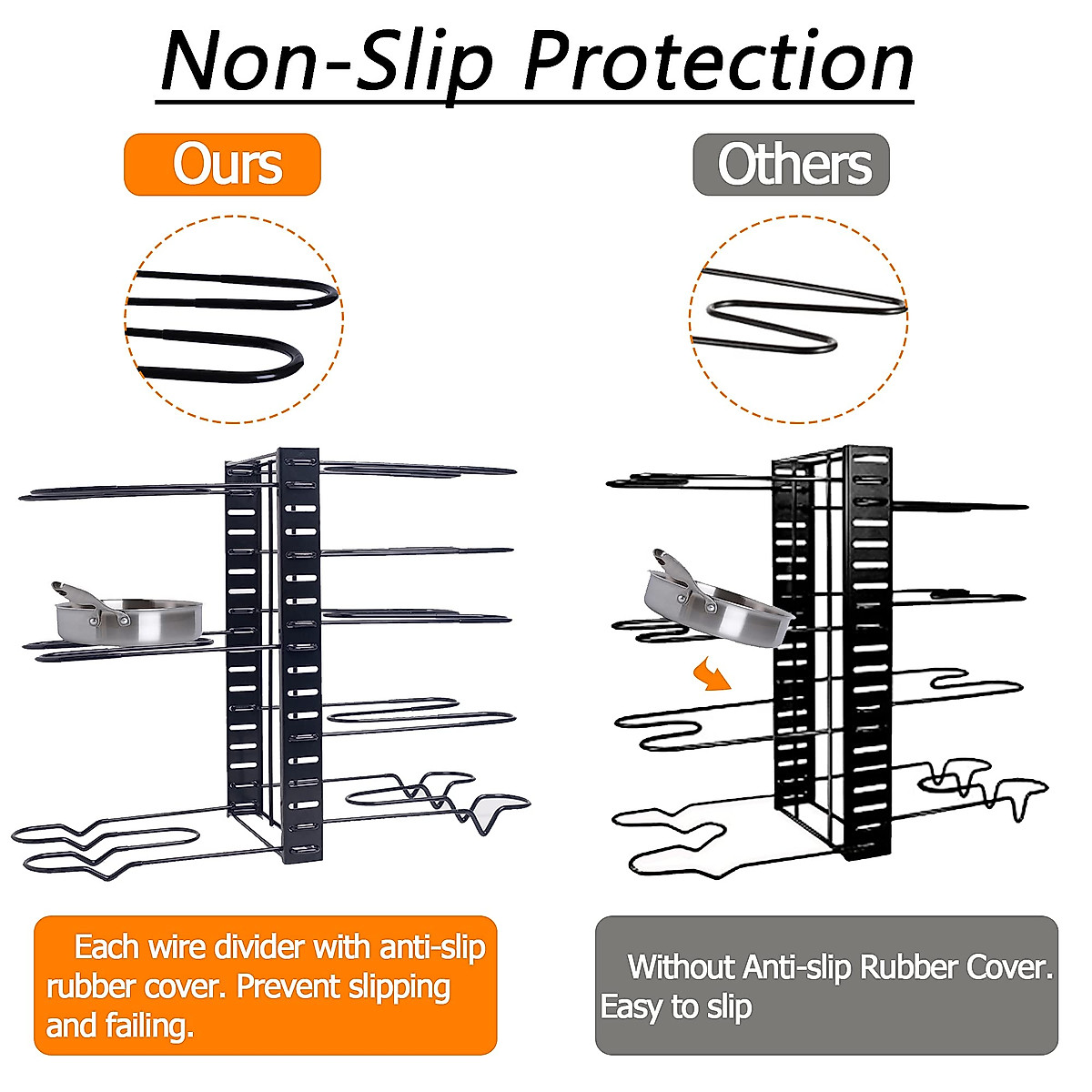 ZHOHO TANT Pan Organizer Rack for Cabinet Pot Rack with 3 DIY Methods 8 Tiers Adjustable Pots and Pans Organizer under Cabinet for Kitchen Counter (Black Steel)