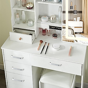 Hikooo Makeup Vaniy with LED Lights,Vanity with Lighted Mirror and Chair, Vanity Table with Lights and Drawers,Vanity Makeup Desk with Stool and Storage Shelves,Bedroom Furniture White