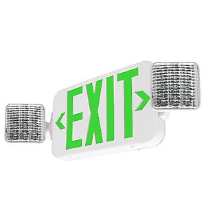 LFI Lights | Combo Green Exit Sign with Emergency Lights | White Housing | All LED | Two Adjustable Square Heads | Hardwired with Battery Backup | UL Listed | 2 Pack | COMBO2-G-W-BB-2