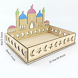 KYMY Wooden Eid Mubarak Dessert Tray,Muslim Rectangle Wooden Plate Tray for Islamic Ramadan Festival Party,Dessert Food Fruit Wooden Storage Tableware for Ramadan and EID Mubarak Decorations