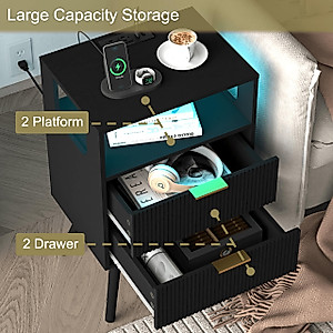 JOONEE Black Nightstand with Charging Station and LED Lights,Modern Bedside Table with 2 Storage Drawer and Open Wood Shelf, for Bedroom and Small Spaces,Night Stand with Solid Wood Legs,Black