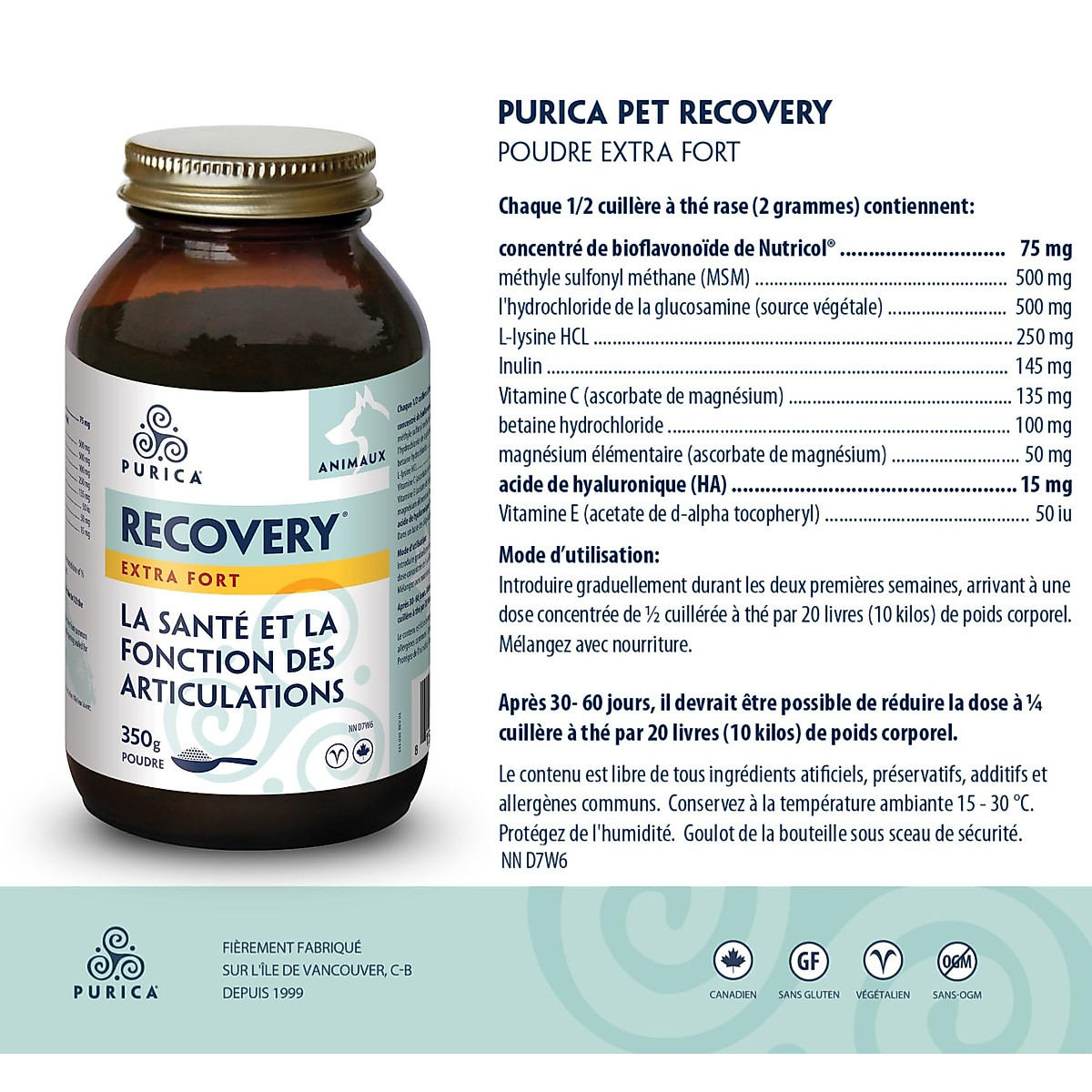 PURICA Recovery SA Powder 350g - Advanced Support for Joints, Comfort & Mobility in Dogs & Cats - Natural & Safe Supplement