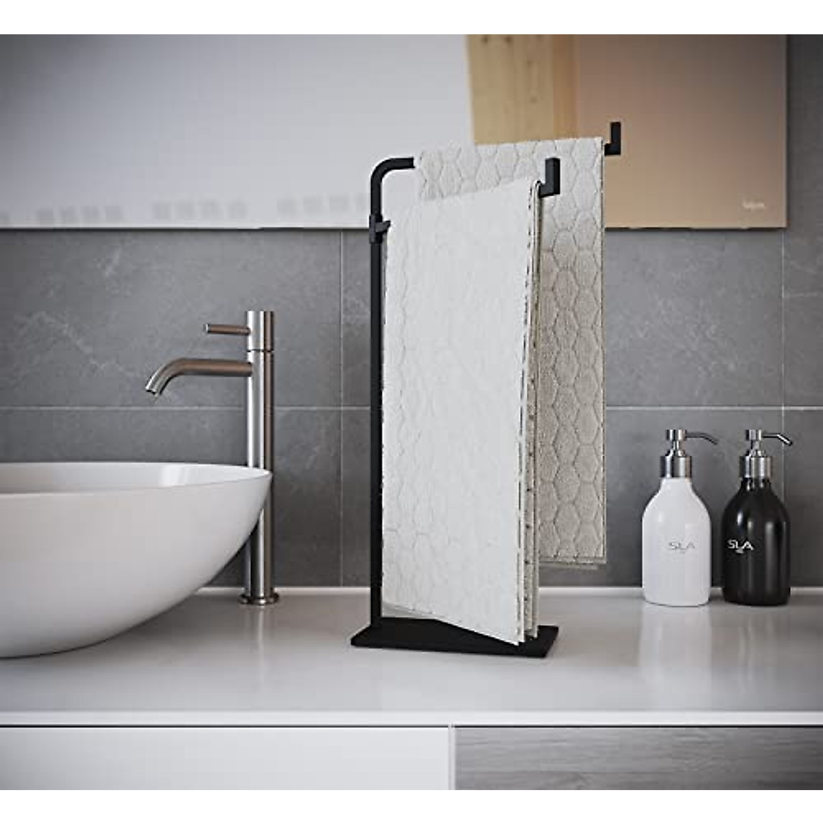 Hand Towel Stand for Bathroom Counter - 17" Black Countertop Towel Stand - Holds 2 Towels - Countertop Towel Holder Stand - Standing Hand Towel Holder for Bathroom Countertop - Fingertip Towel Holder