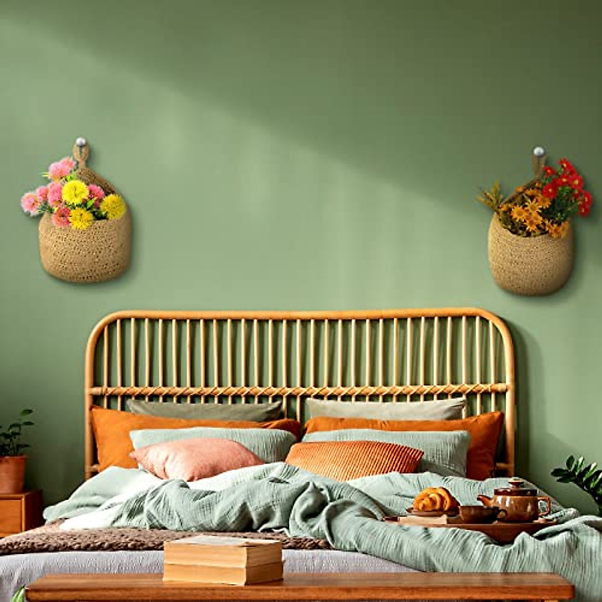 4 Pcs Jute Hanging Fruit Baskets for Kitchen Boho Hanging Wall Basket Handwoven Potato Garlic Onion Pantry Storage Baskets for Kitchen Wall Home Restaurant Vegetable Holder (Khaki, Classic Style)