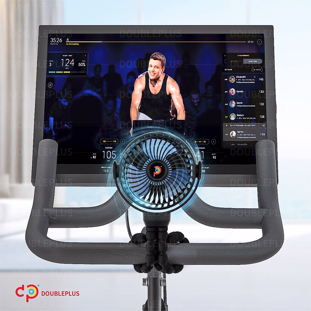 DoublePlus Fan Compatible With Peloton Bike & Bike Plus, Most Exercise bike & Treadmill, 360 degree Flexible Tripod with 3 Speed, Upgrade Battery Powered, Clip Fan, Accessories for the Bike