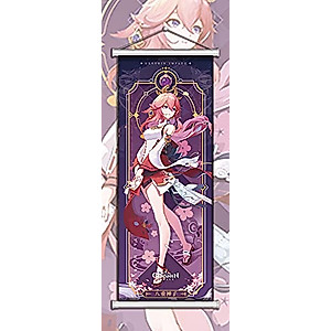 Genshin Impact Scroll Poster Yae Miko Wall Hanging Forged Cloth Painting Decor Live Room Bedroom Art Print(35x95cm/13.8"x 37.4")