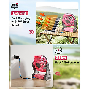 Art In Real 10400mAh Solar Powered Fan, Portable Solar Fan with LED Lantern, Camping Fan with 7W Solar Panel, Stepless Speed Battery Powered Fan for Travel, Camping,Office,Outdoor＆Indoor(Pink)